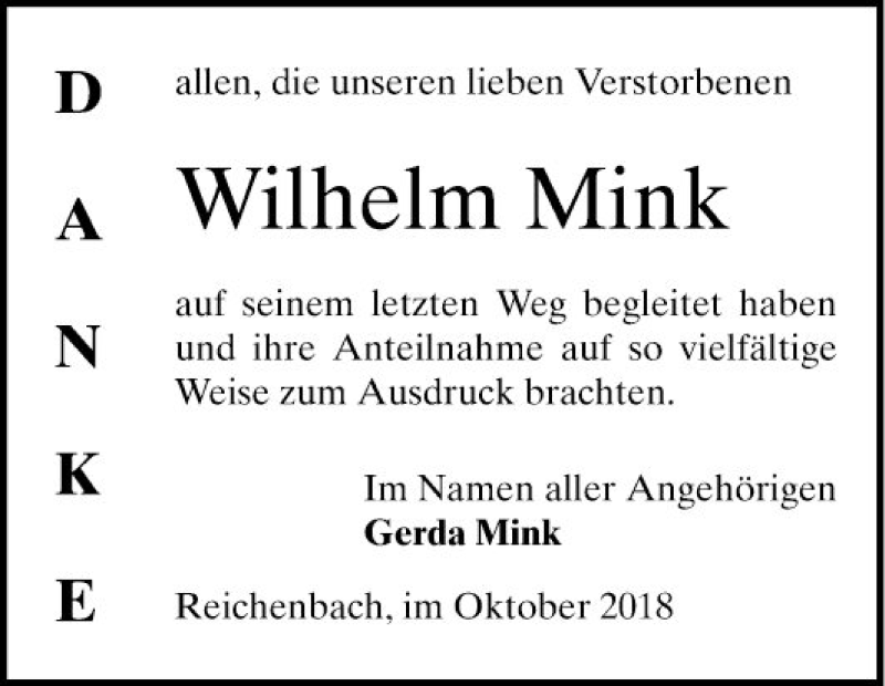 Traueranzeigen von Wilhelm Mink | Trauerportal Ihrer Tageszeitung