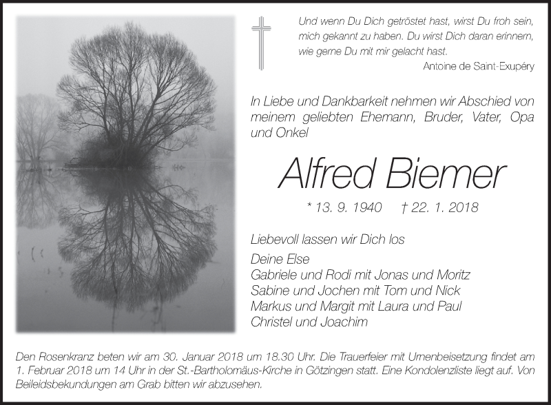 Traueranzeigen von Alfred Biemer | Trauerportal Ihrer Tageszeitung