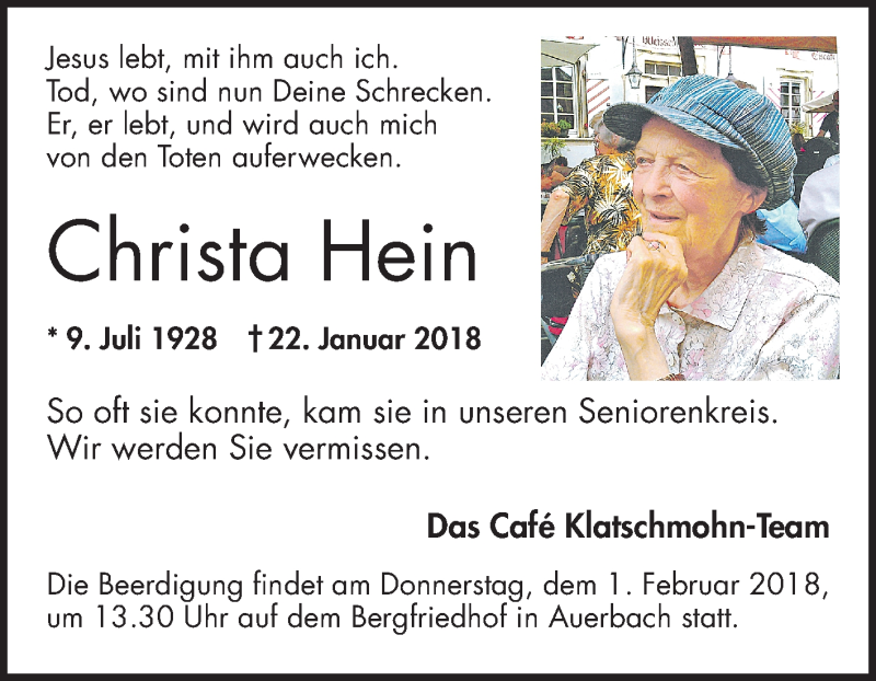 Traueranzeigen von Christa Hein | Trauerportal Ihrer Tageszeitung