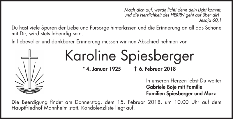 Traueranzeigen von Karoline Spiesberger | Trauerportal Ihrer Tageszeitung