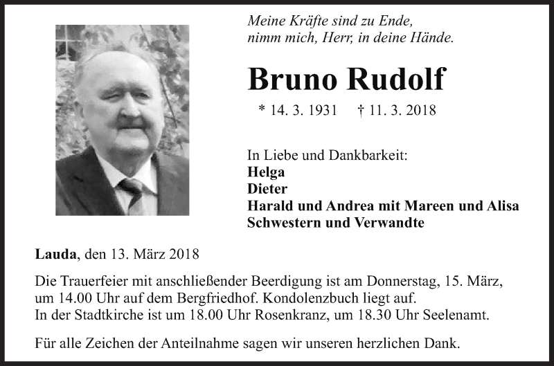 Traueranzeigen von Bruno Rudolf | Trauerportal Ihrer Tageszeitung