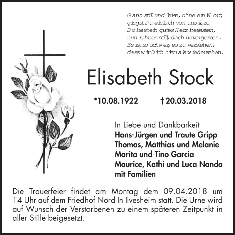 Traueranzeigen von Elisabeth Stock | Trauerportal Ihrer Tageszeitung