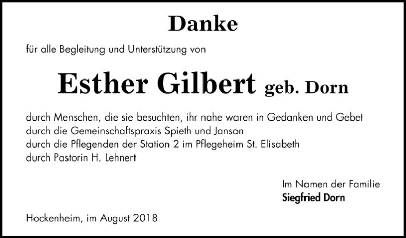 Traueranzeigen von Esther Gilbert | Trauerportal Ihrer Tageszeitung