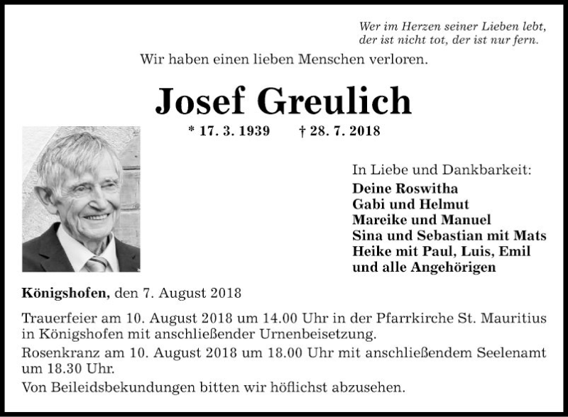 Traueranzeigen von Josef Greulich | Trauerportal Ihrer Tageszeitung