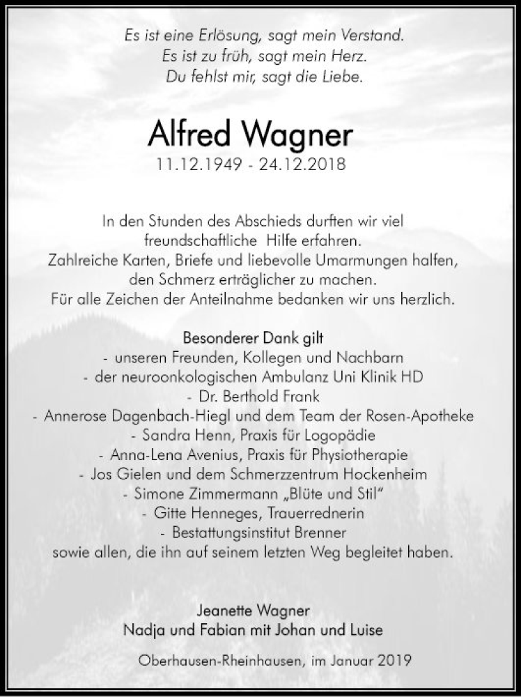 Traueranzeigen von Alfred Wagner | Trauerportal Ihrer Tageszeitung