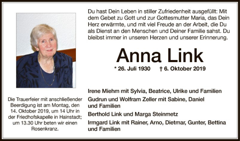 Traueranzeigen von Anna Link | Trauerportal Ihrer Tageszeitung