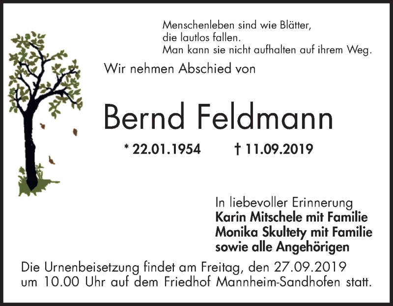 Traueranzeigen von Bernd Feldmann | Trauerportal Ihrer Tageszeitung