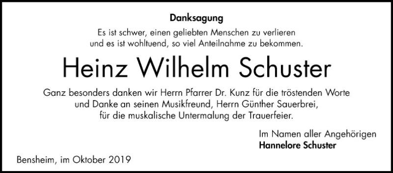 Traueranzeigen von Heinz-Wilhelm Schuster | Trauerportal Ihrer Tageszeitung