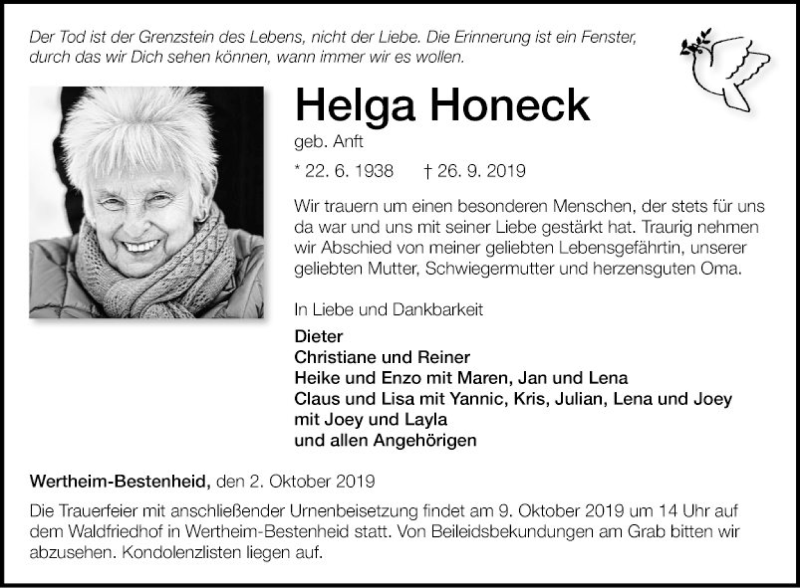 Traueranzeigen von Helga Honeck | Trauerportal Ihrer Tageszeitung