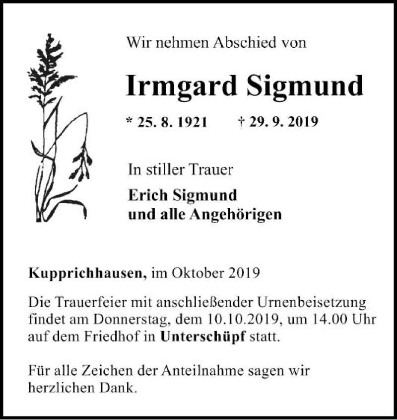 Traueranzeigen von Irmgard Sigmund | Trauerportal Ihrer Tageszeitung