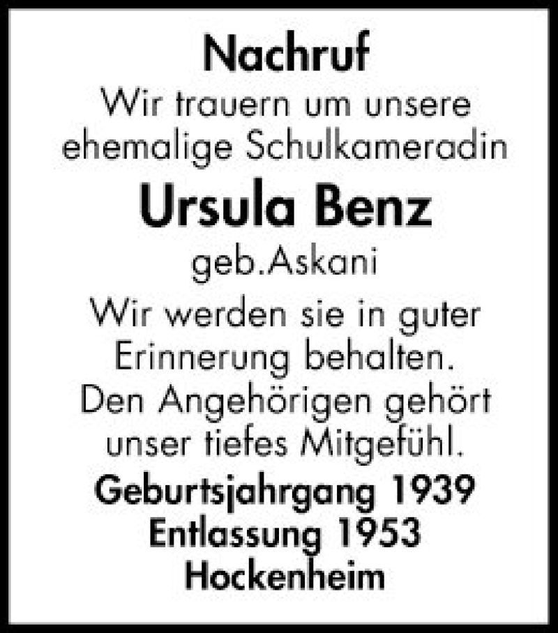 Traueranzeigen von Ursula Benz | Trauerportal Ihrer Tageszeitung