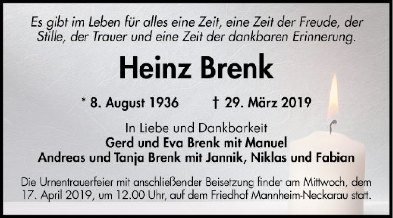 Traueranzeigen von Heinz Brenk | Trauerportal Ihrer Tageszeitung