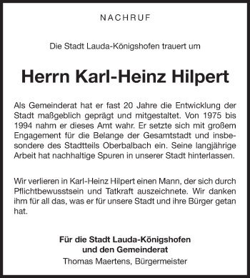 Traueranzeigen von Karl-Heinz Hilpert | Trauerportal Ihrer Tageszeitung