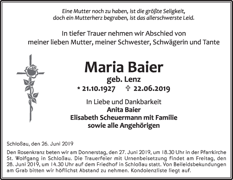 Traueranzeigen von Maria Baier | Trauerportal Ihrer Tageszeitung