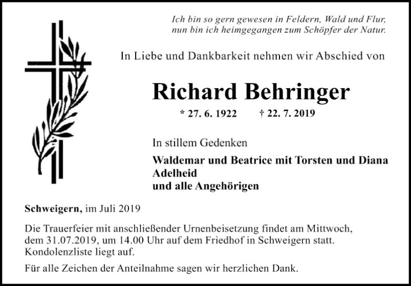 Traueranzeigen von Richard Behringer | Trauerportal Ihrer Tageszeitung