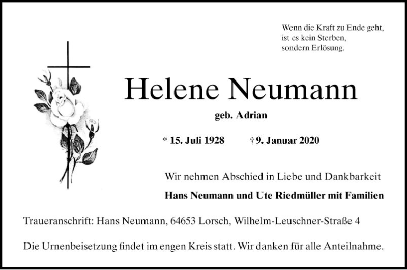 Traueranzeigen von Helene Neumann | Trauerportal Ihrer Tageszeitung