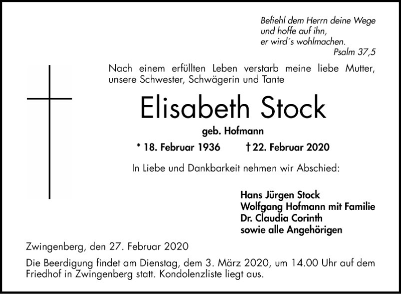 Traueranzeigen von Elisabeth Stock | Trauerportal Ihrer Tageszeitung