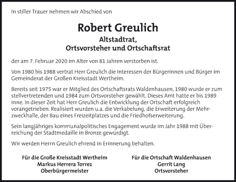 Traueranzeigen von Robert Greulich | Trauerportal Ihrer Tageszeitung