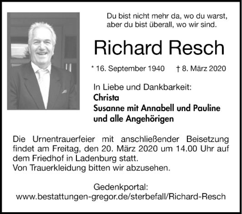 Traueranzeigen von Richard Resch | Trauerportal Ihrer Tageszeitung