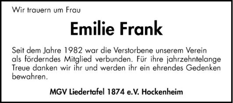 Traueranzeigen von Emilie Frank | Trauerportal Ihrer Tageszeitung