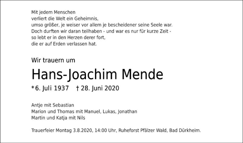 Traueranzeigen von Hans-Joachim Mende | Trauerportal Ihrer Tageszeitung
