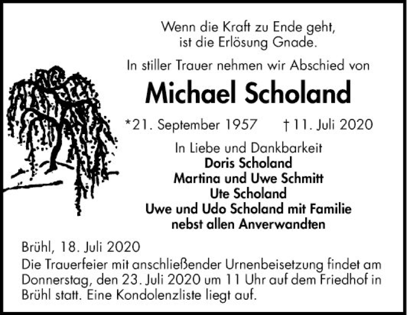 Traueranzeigen von Michael Scholand | Trauerportal Ihrer Tageszeitung
