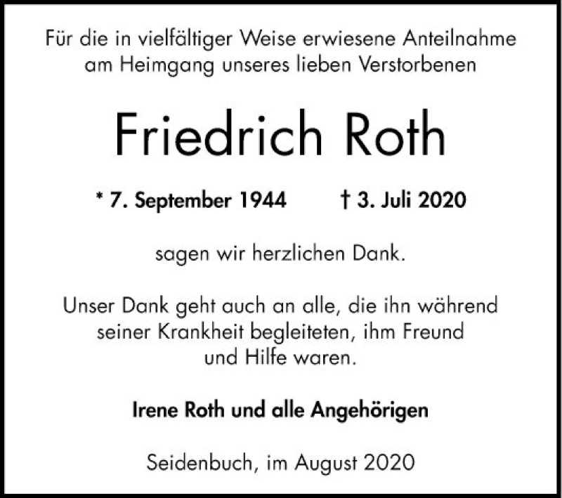 Traueranzeigen von Friedrich Roth | Trauerportal Ihrer Tageszeitung