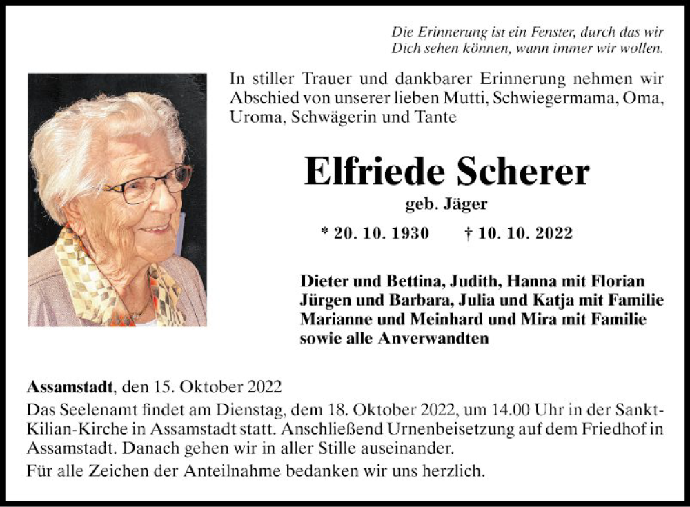 Traueranzeigen von Elfriede Scherer | Trauerportal Ihrer Tageszeitung