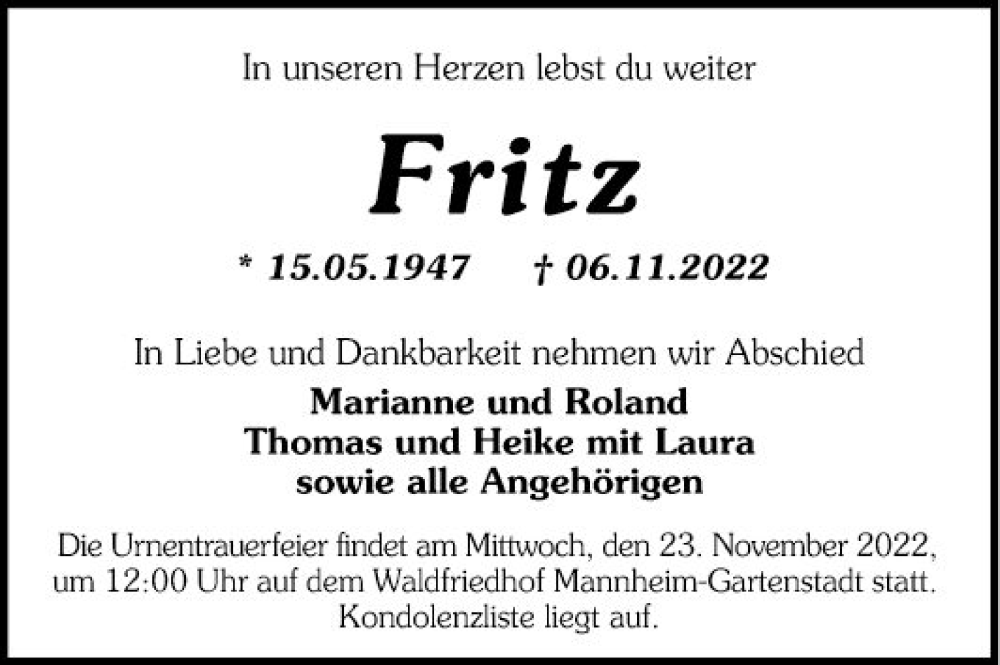 Traueranzeigen von Fritz | Trauerportal Ihrer Tageszeitung