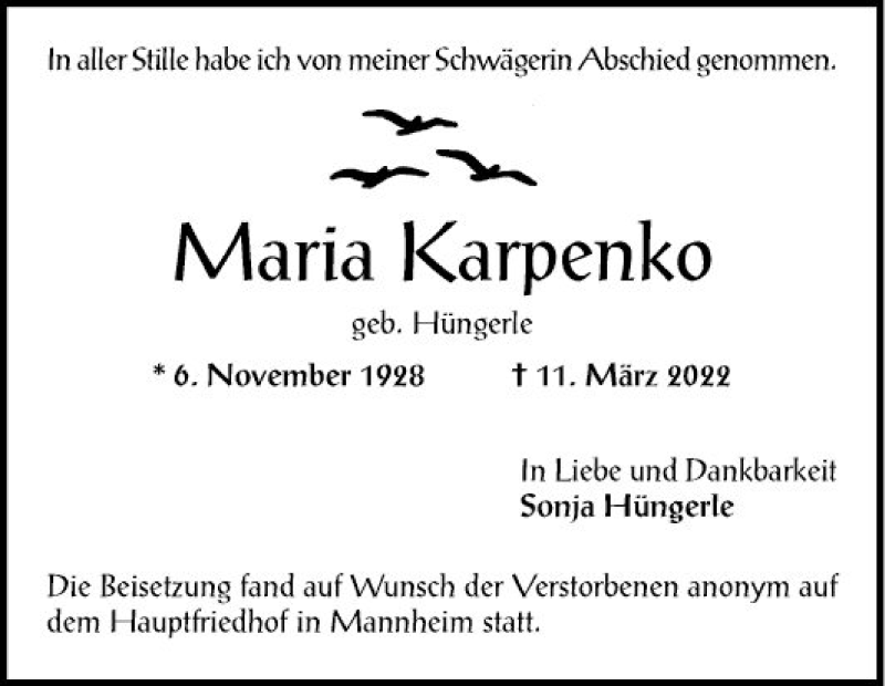 Traueranzeigen von Maria Karpenko | Trauerportal Ihrer Tageszeitung