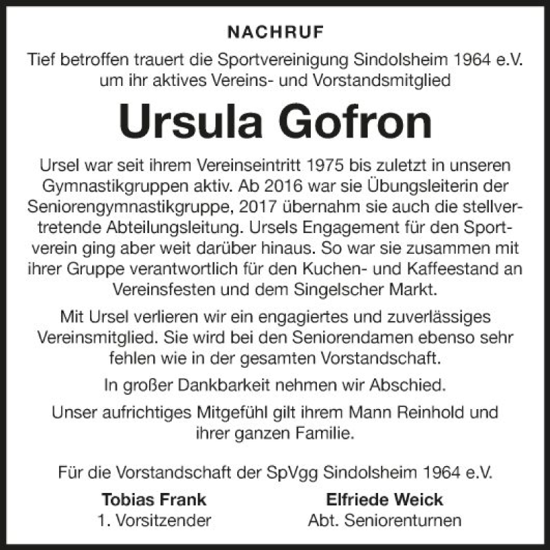 Traueranzeigen von Ursula Gofron | Trauerportal Ihrer Tageszeitung