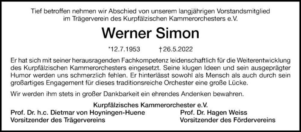 Traueranzeigen von Werner Simon | Trauerportal Ihrer Tageszeitung