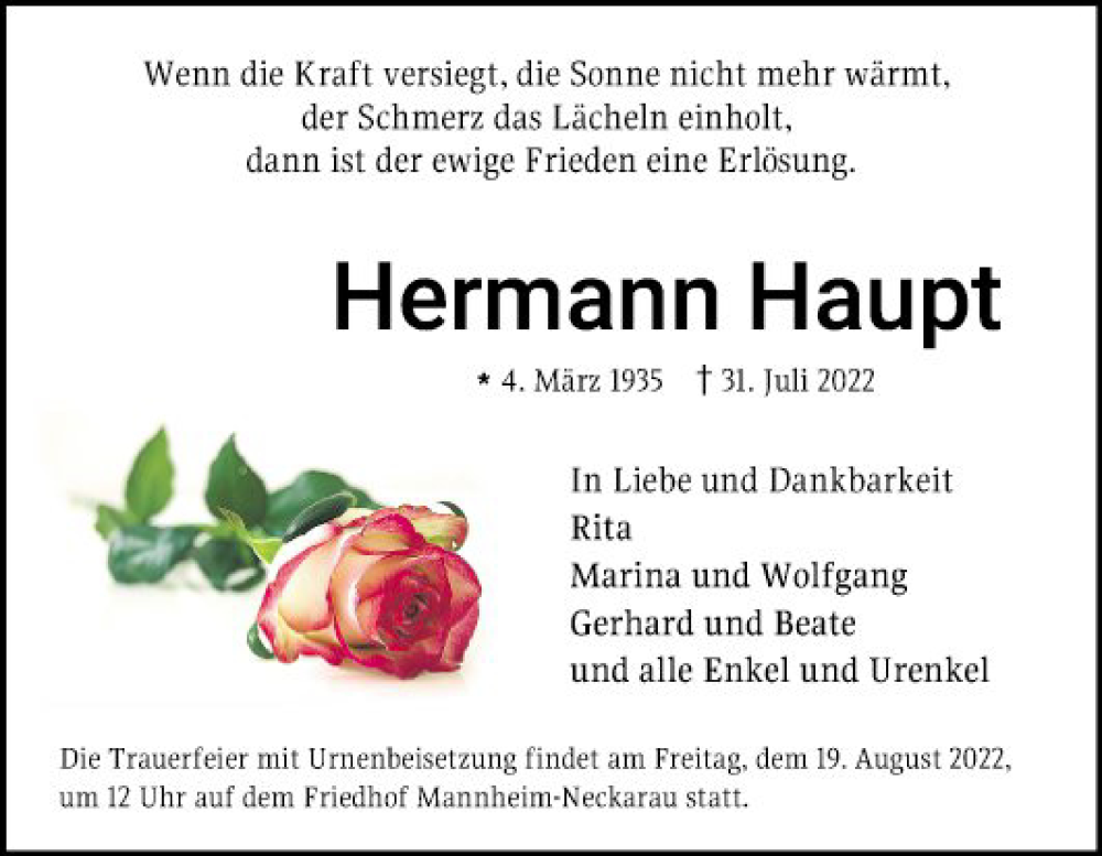 Traueranzeigen von Hermann Haupt | Trauerportal Ihrer Tageszeitung