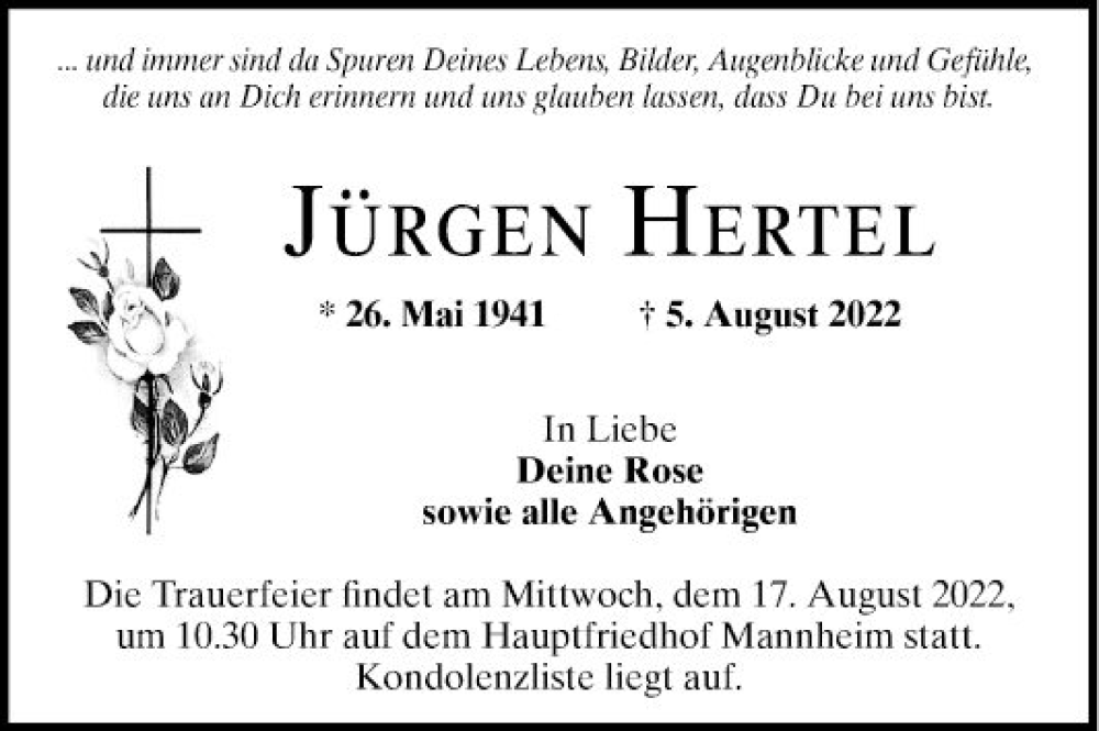 Traueranzeigen von Jürgen Hertel | Trauerportal Ihrer Tageszeitung