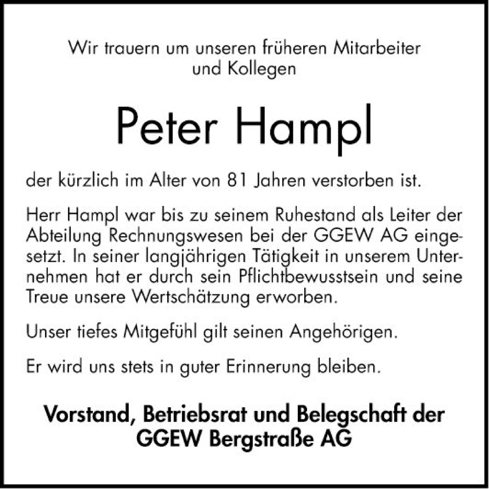 Traueranzeigen von Peter Hampl | Trauerportal Ihrer Tageszeitung