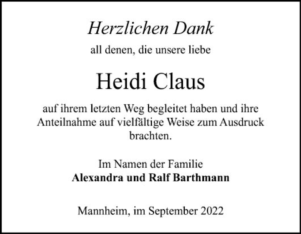 Traueranzeigen von Heidi Claus | Trauerportal Ihrer Tageszeitung