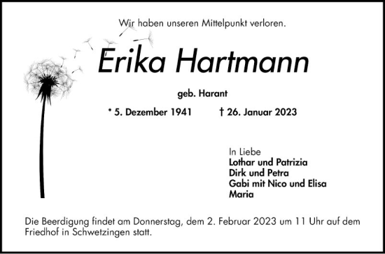 Traueranzeigen von Erika Hartmann | Trauerportal Ihrer Tageszeitung
