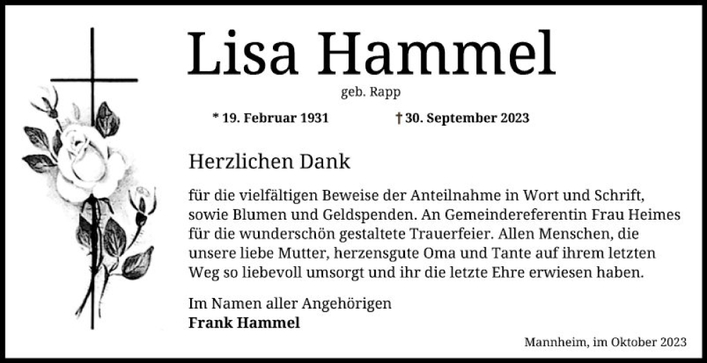 Traueranzeigen von Lisa Hammel | Trauerportal Ihrer Tageszeitung