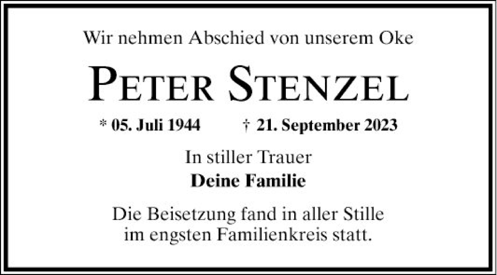 Traueranzeigen von Peter Stenzel | Trauerportal Ihrer Tageszeitung