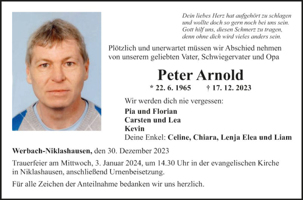 Traueranzeigen von Peter Arnold | Trauerportal Ihrer Tageszeitung