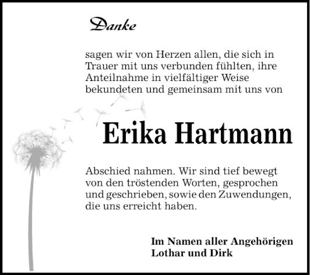 Traueranzeigen von Erika Hartmann | Trauerportal Ihrer Tageszeitung