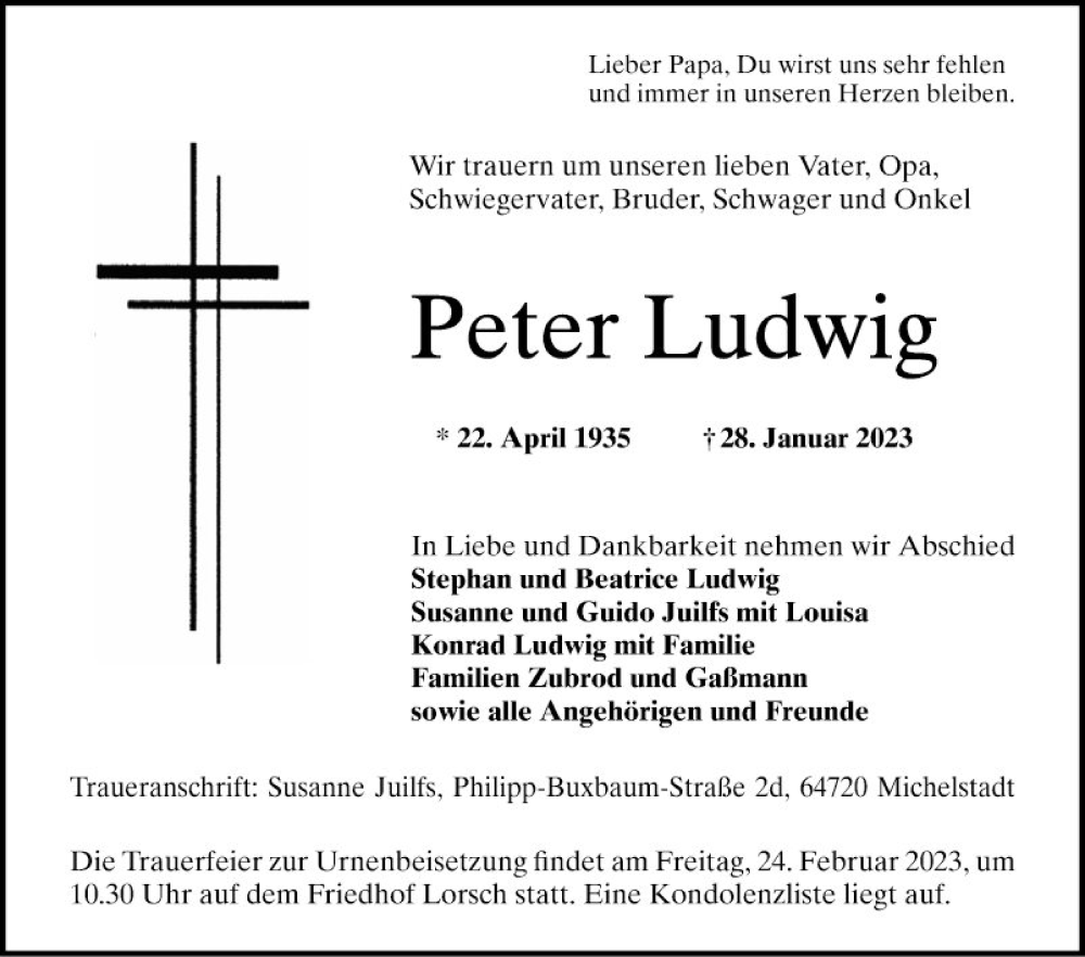 Traueranzeigen von Peter Ludwig | Trauerportal Ihrer Tageszeitung