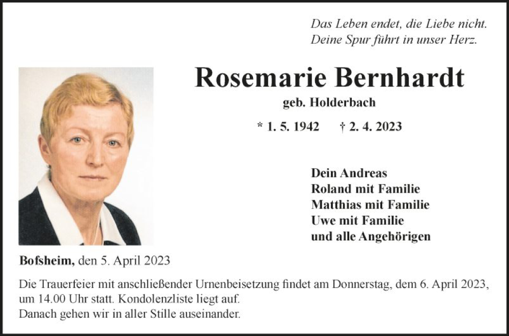 Traueranzeigen von Rosemarie Bernhardt | Trauerportal Ihrer Tageszeitung