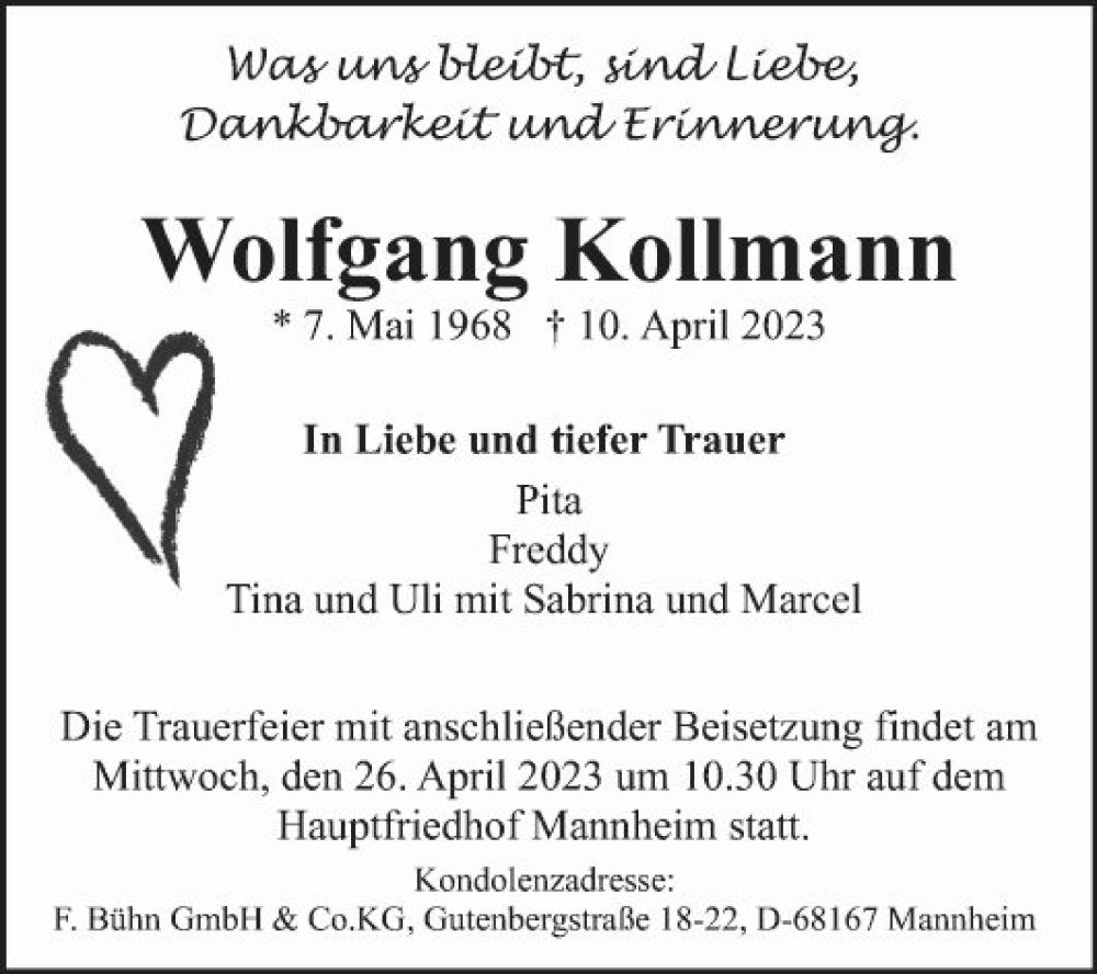 Traueranzeigen von Wolfgang Kollmann | Trauerportal Ihrer Tageszeitung
