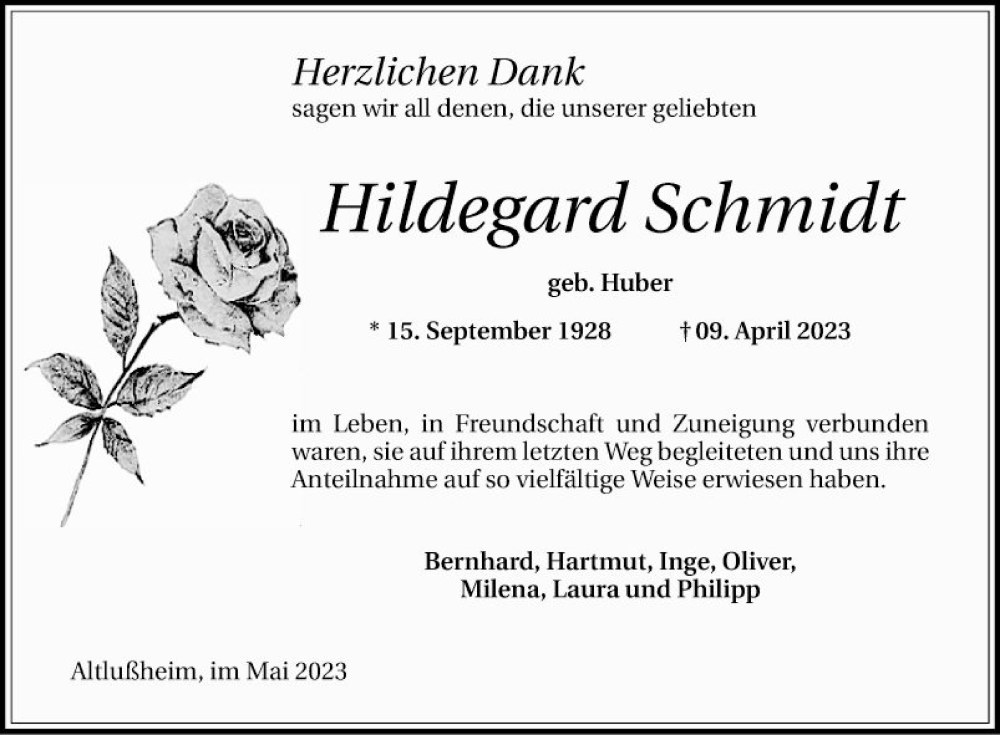 Traueranzeigen von Hildegard Schmidt | Trauerportal Ihrer Tageszeitung