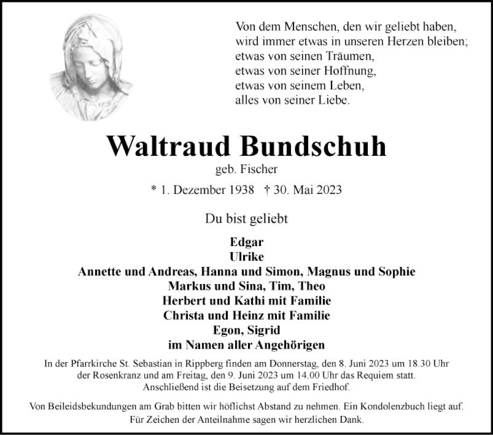 Traueranzeigen von Waltraud Bundschuh | Trauerportal Ihrer Tageszeitung