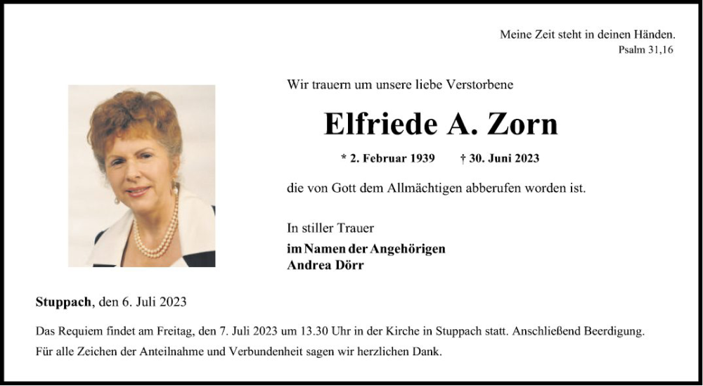 Traueranzeigen von Elfriede A. Zorn | Trauerportal Ihrer Tageszeitung