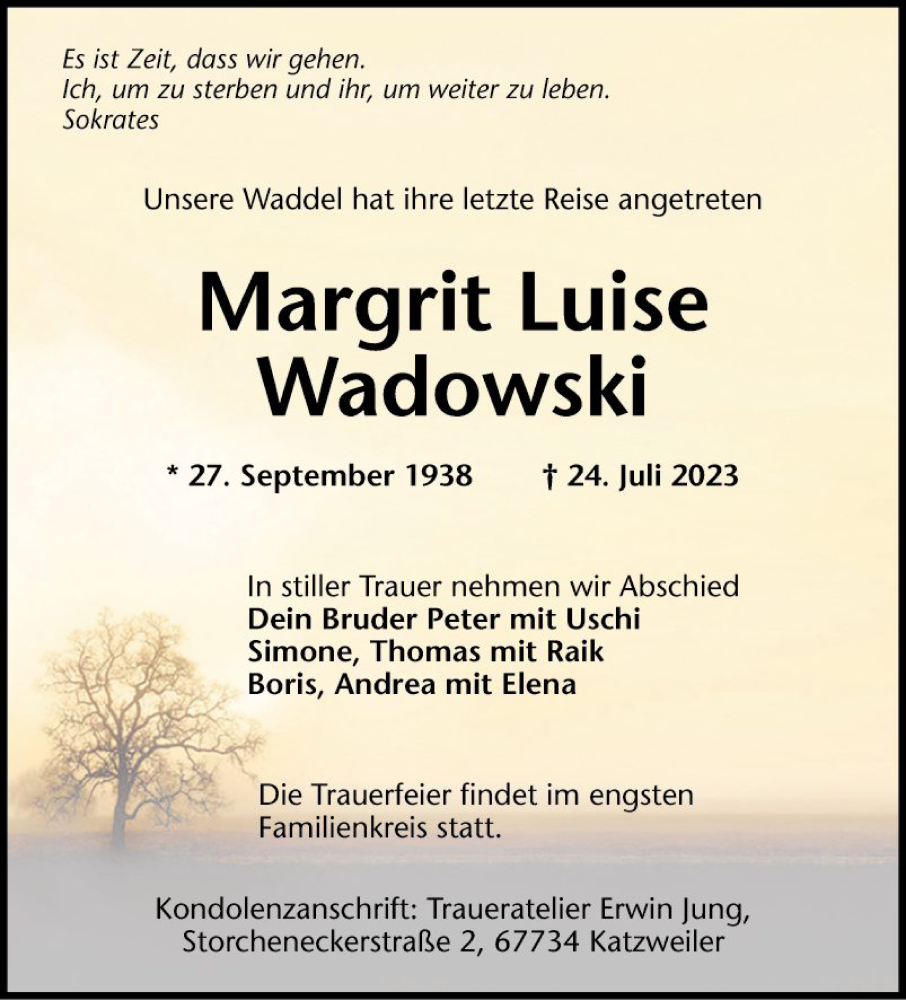 Traueranzeigen von Margrit Luise Wadowski | Trauerportal Ihrer Tageszeitung
