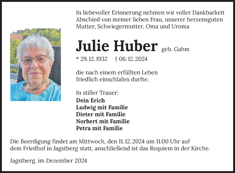 Traueranzeigen von Julie Huber | Trauerportal Ihrer Tageszeitung