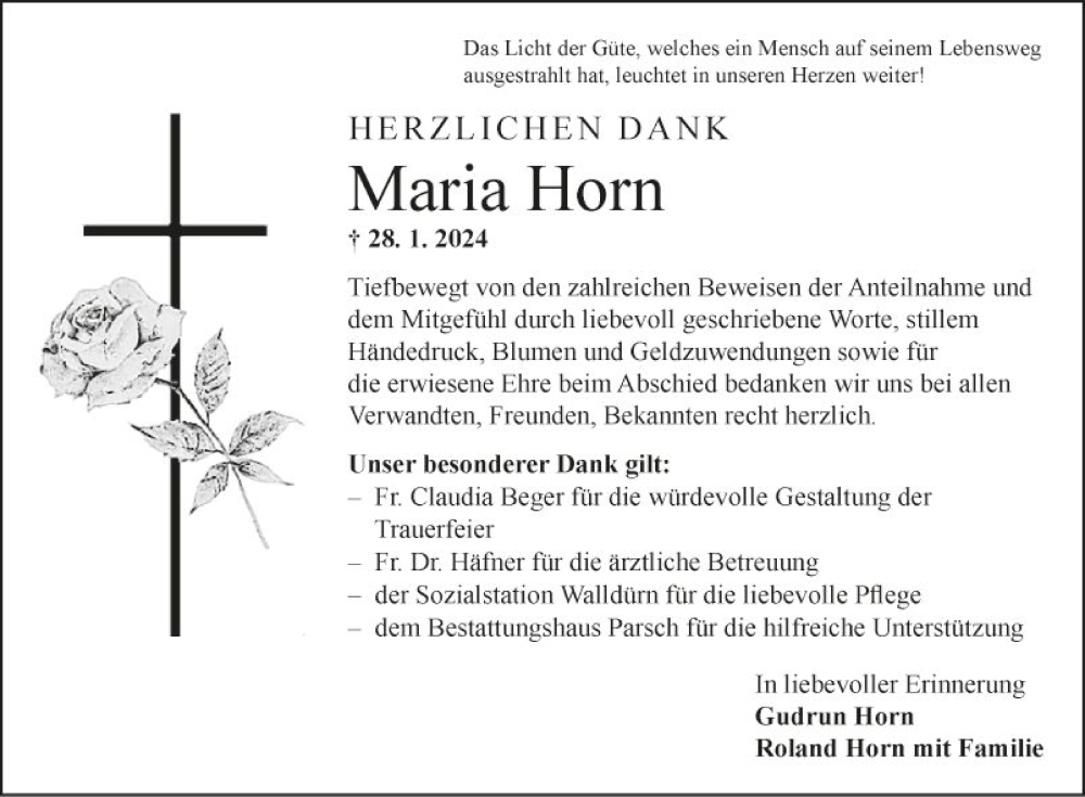 Traueranzeigen von Maria Horn | Trauerportal Ihrer Tageszeitung